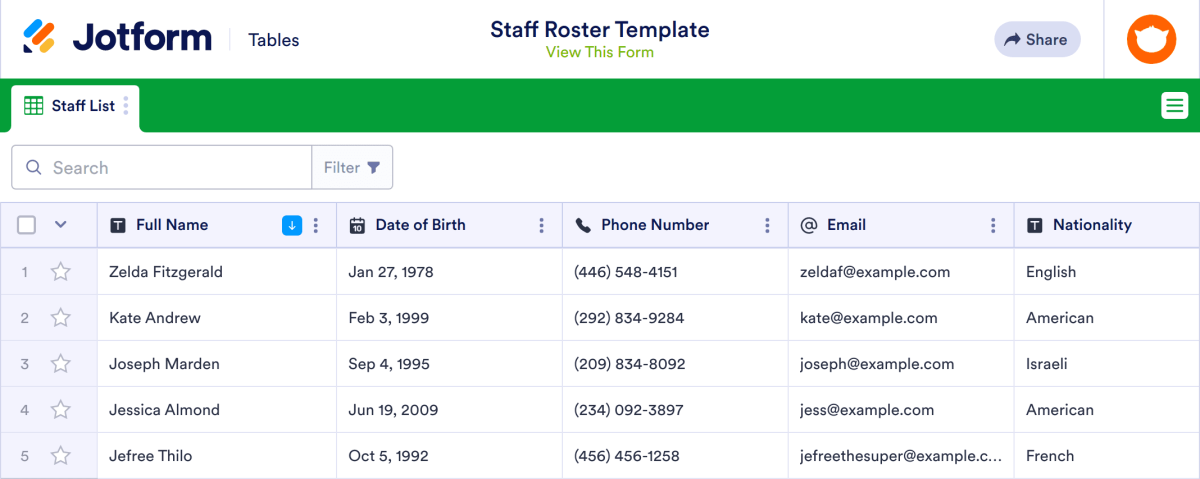 Staff Roster Template | Jotform Tables