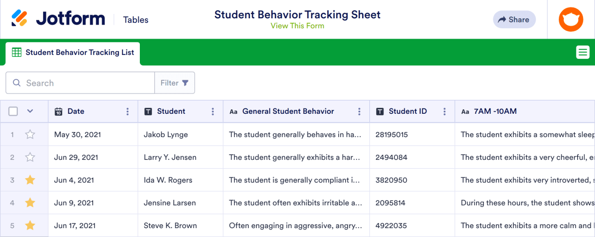 Student Behavior Tracking Sheet Template | Jotform Tables