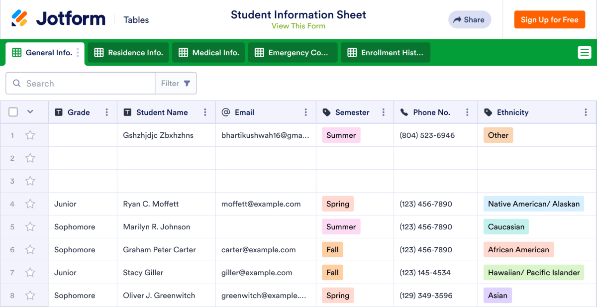 Student Information Sheet Template | Jotform Tables