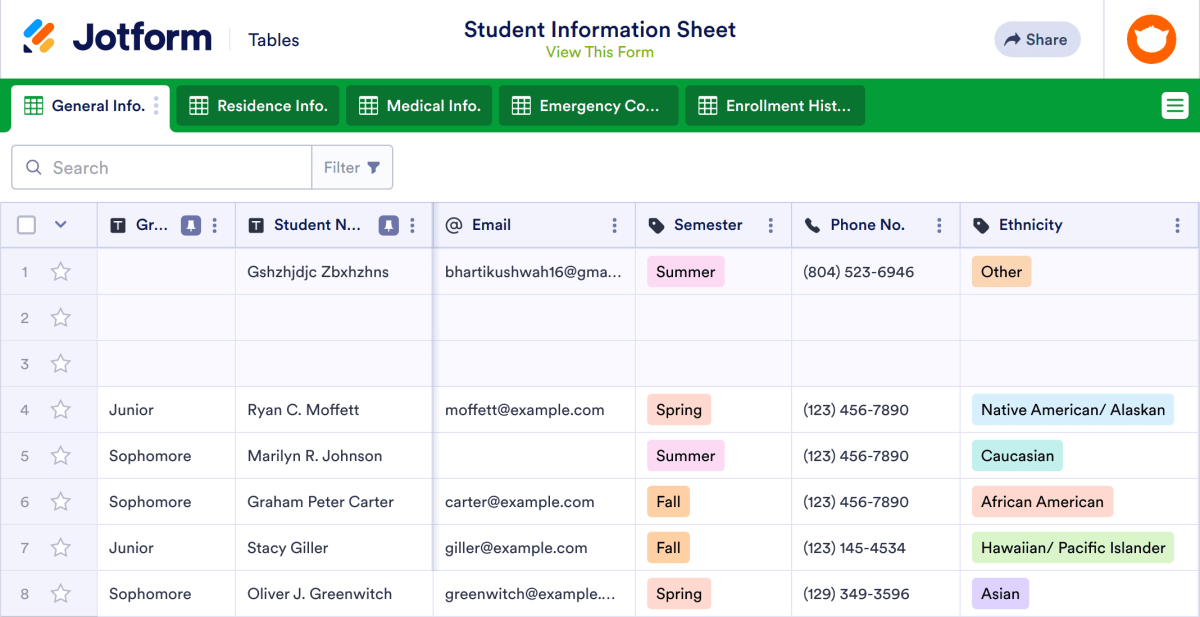 Student Information Sheet Template | Jotform Tables