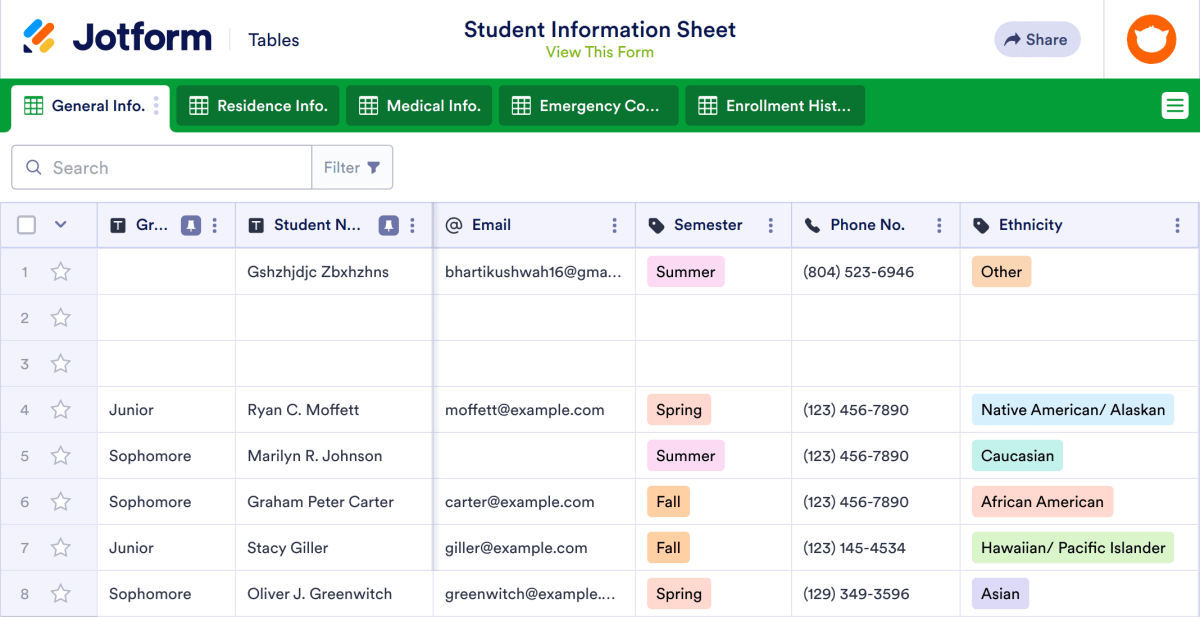 Student Information Sheet Template | Jotform Tables