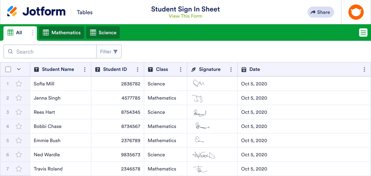 Student Sign In Sheet Template | Jotform Tables