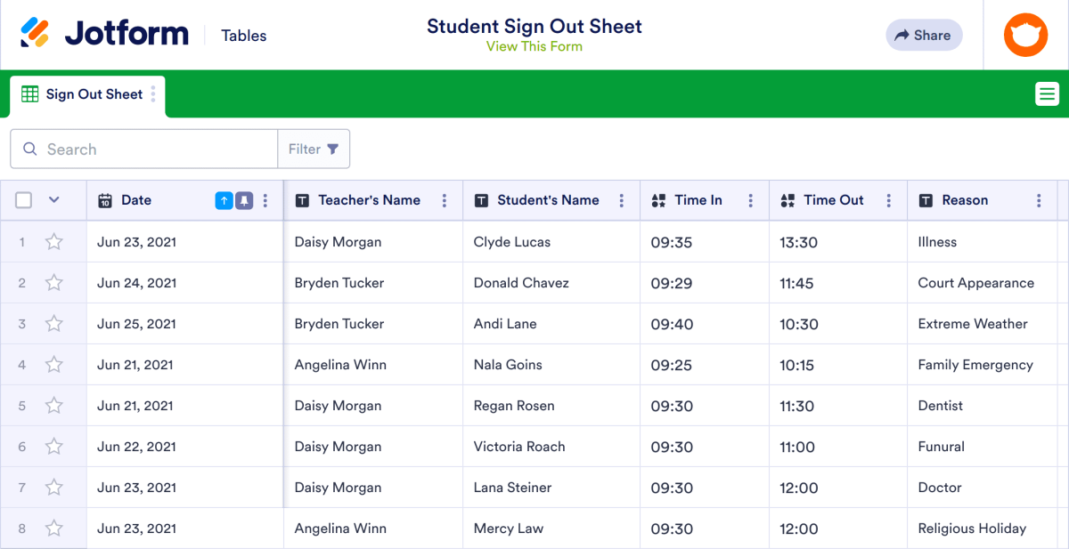 Student Sign Out Sheet Template | Jotform Tables