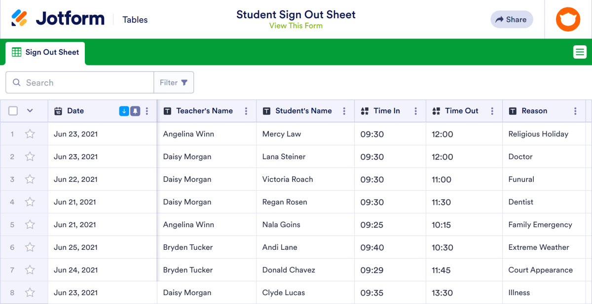 Student Sign Out Sheet Template | Jotform Tables