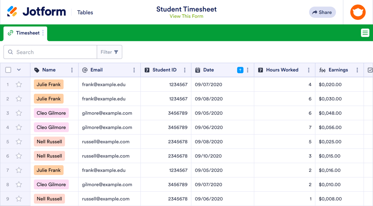 Student Time Spreadsheet Template | Jotform