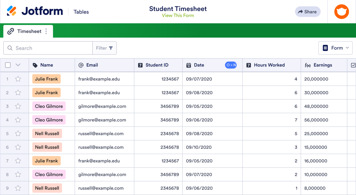 Student Timesheet Template | Jotform Tables