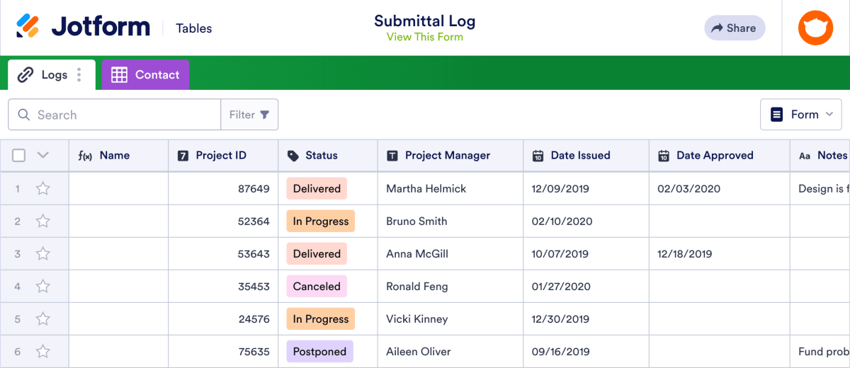 Submittal Log Spreadsheet Template | Jotform