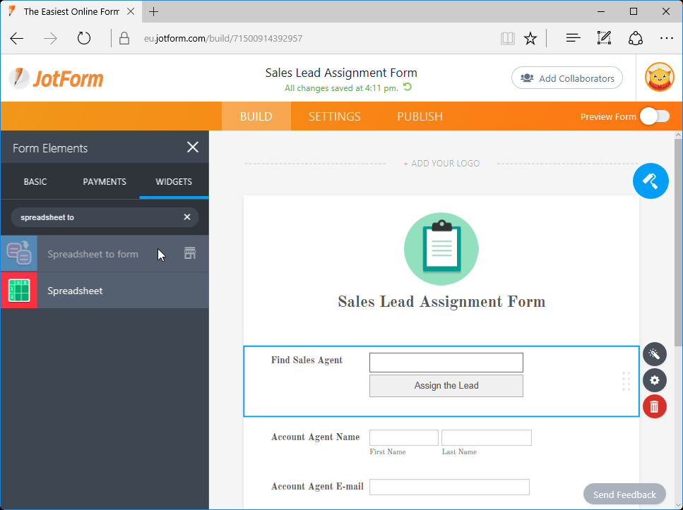 Env vars Spreadsheet to Form - Widget Formulir | Jotform