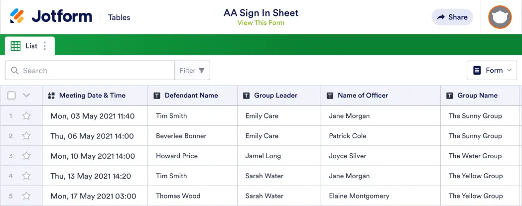 AA Sign In Sheet Template | Jotform Tables
