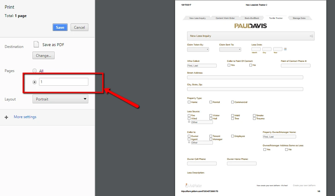 How can I print only one page of my multi page form?