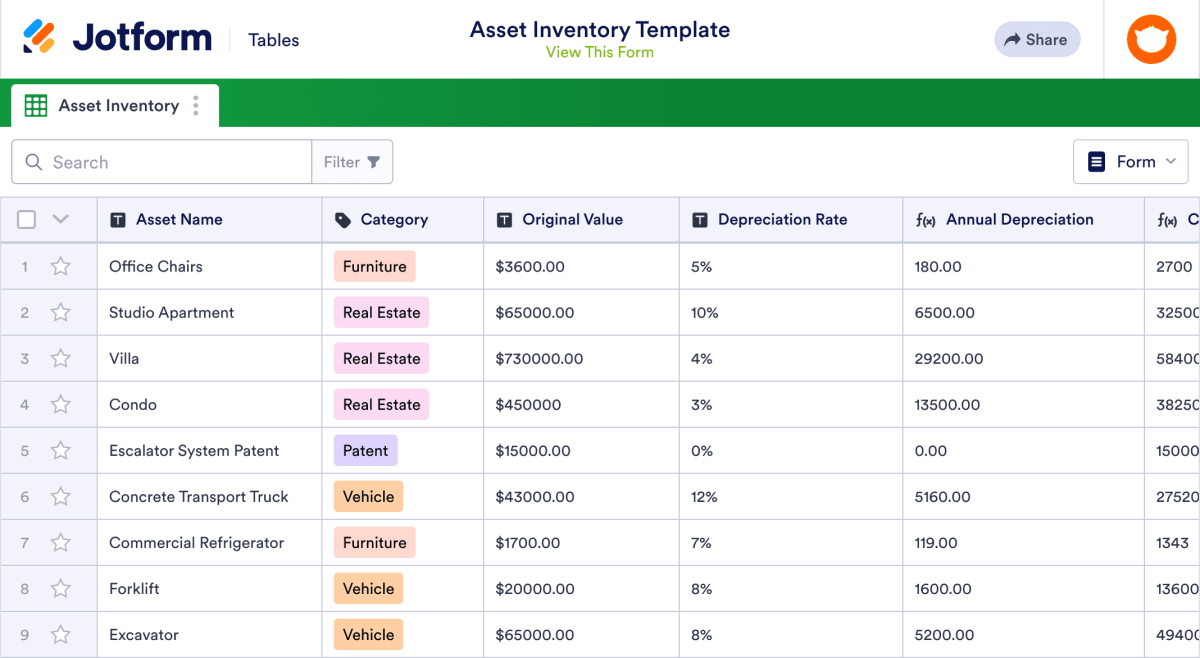 Asset Inventory Template | Jotform Tables