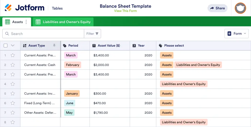 Balance Sheet Template | Jotform Tables