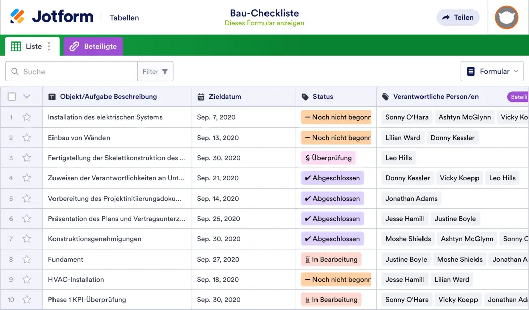 Bau-Checkliste Vorlage | Jotform Tabellen