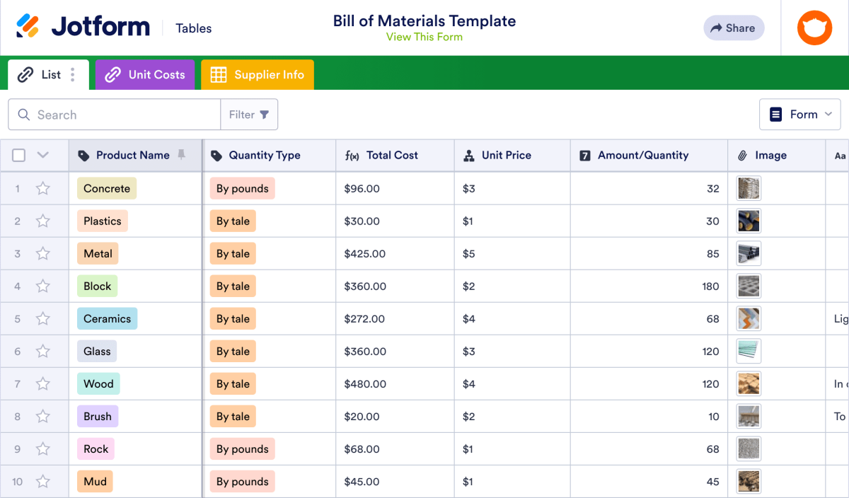 Bill of Materials Template | Jotform Tables