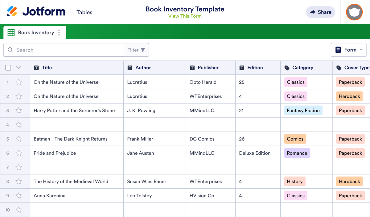 Book Inventory Template | Jotform Tables