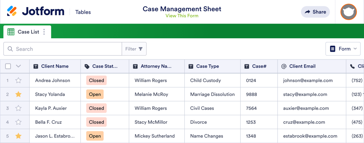 Case Management Sheet Template | Jotform Tables