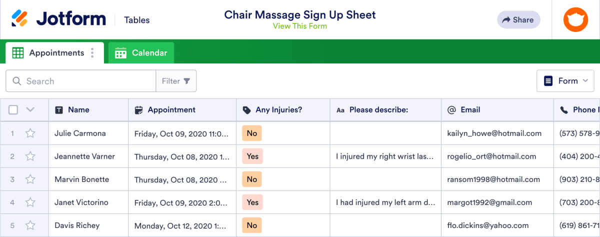Chair Massage Sign Up Sheet Template | Jotform Tables