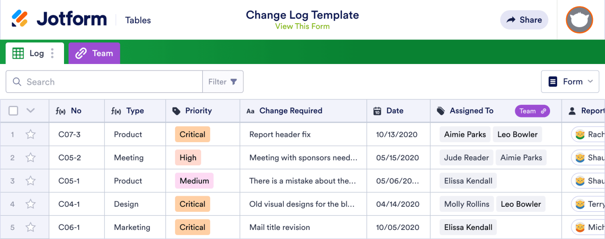 Change Log Template | Jotform Tables