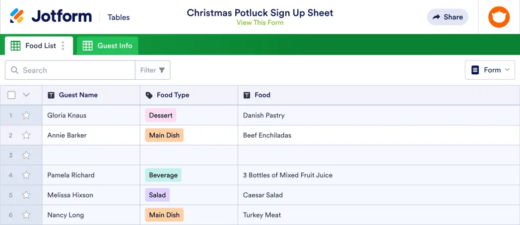 Christmas Potluck Sign Up Sheet Template | Jotform Tables