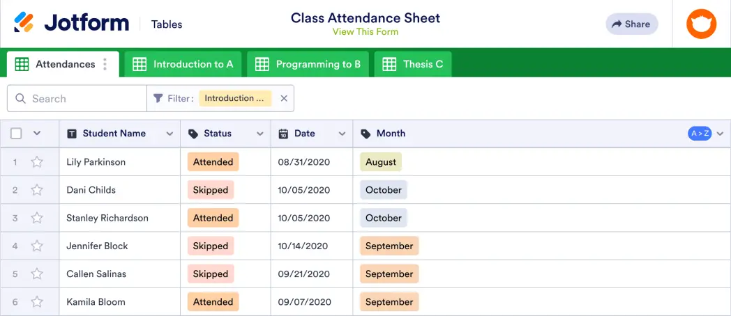 Class Attendance Sheet Template | Jotform Tables