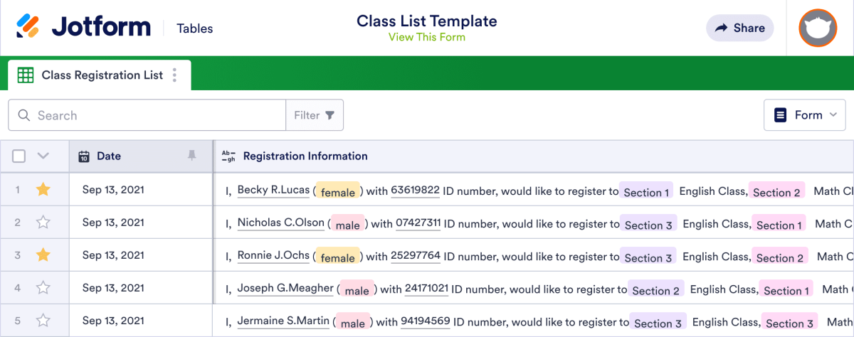 Class List Template | Jotform Tables