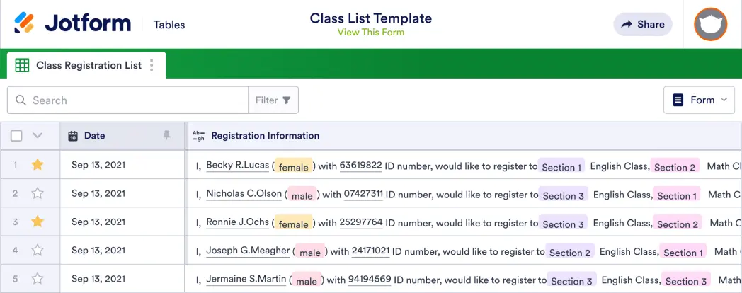 Class List Template | Jotform Tables