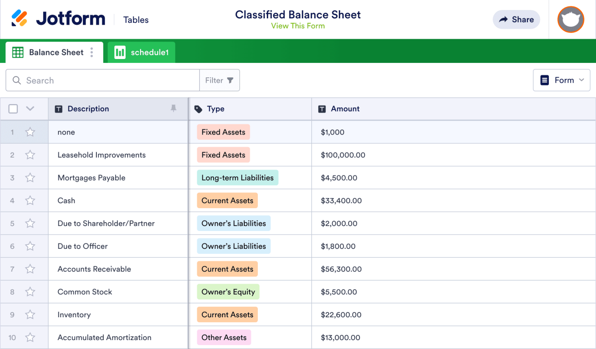 Classified Balance Sheet Template | Jotform Tables