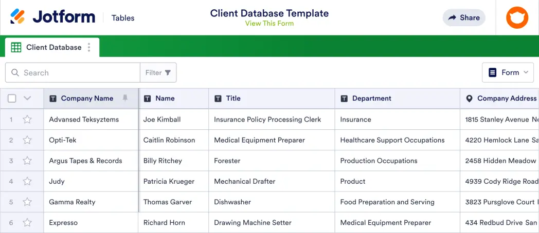 Client Database Template | Jotform Tables