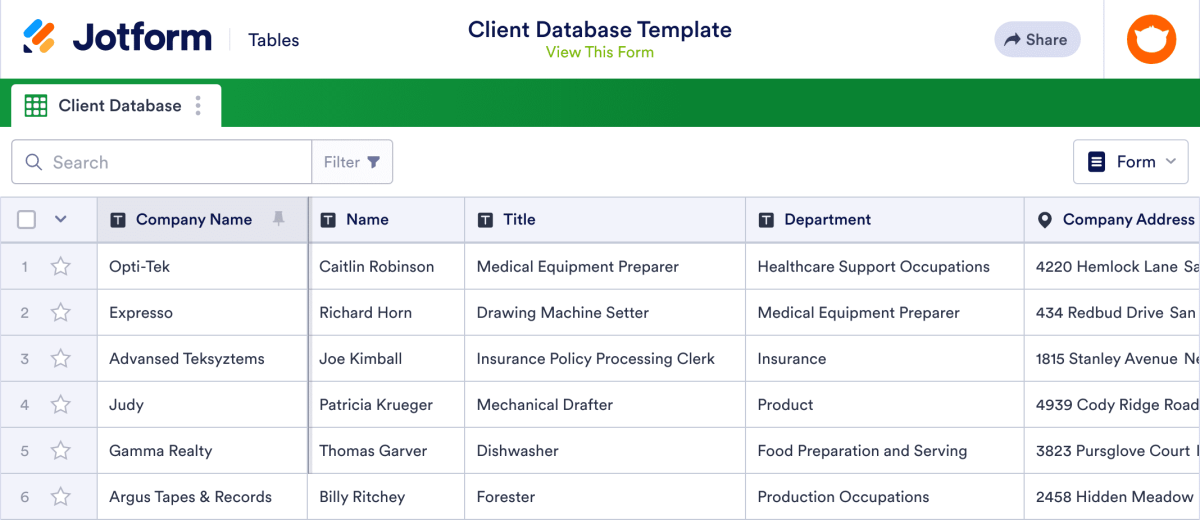Client Database Template | Jotform Tables