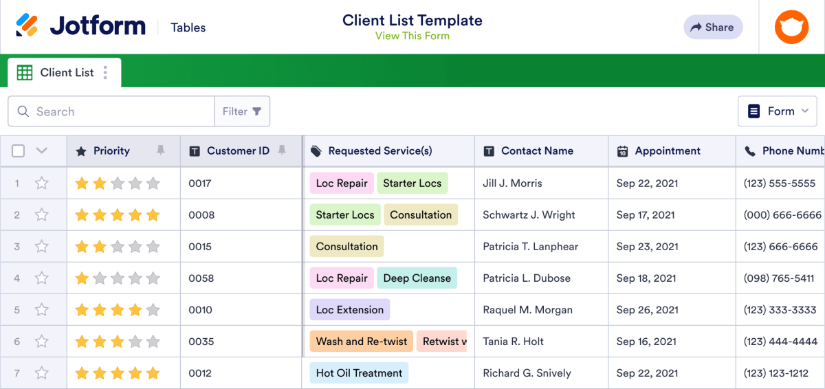 Client List Template | Jotform Tables