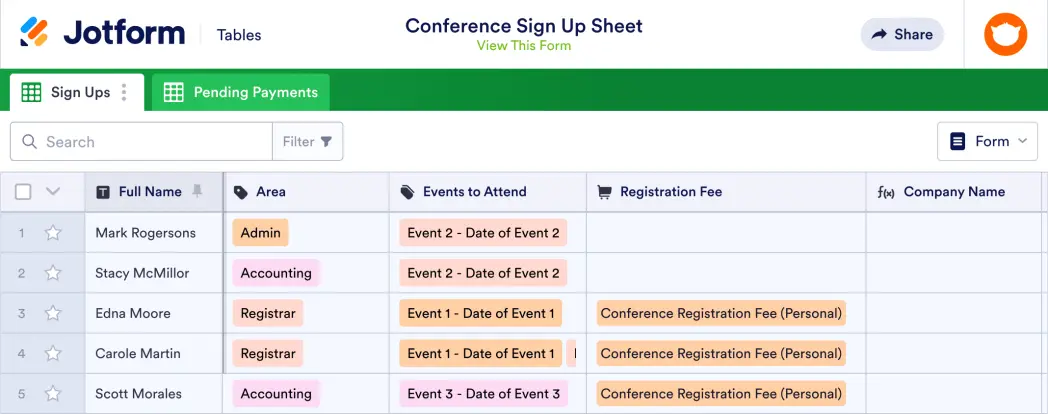 Conference Sign Up Sheet Template | Jotform Tables