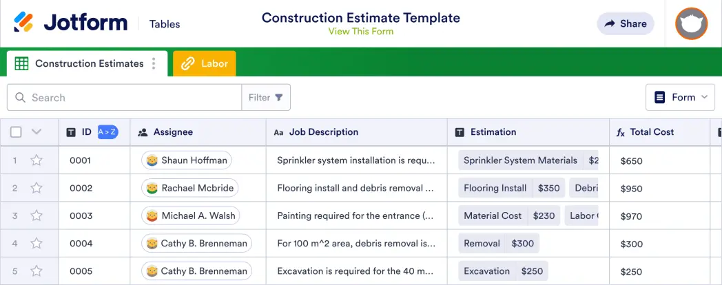 Construction Estimate Template | Jotform Tables