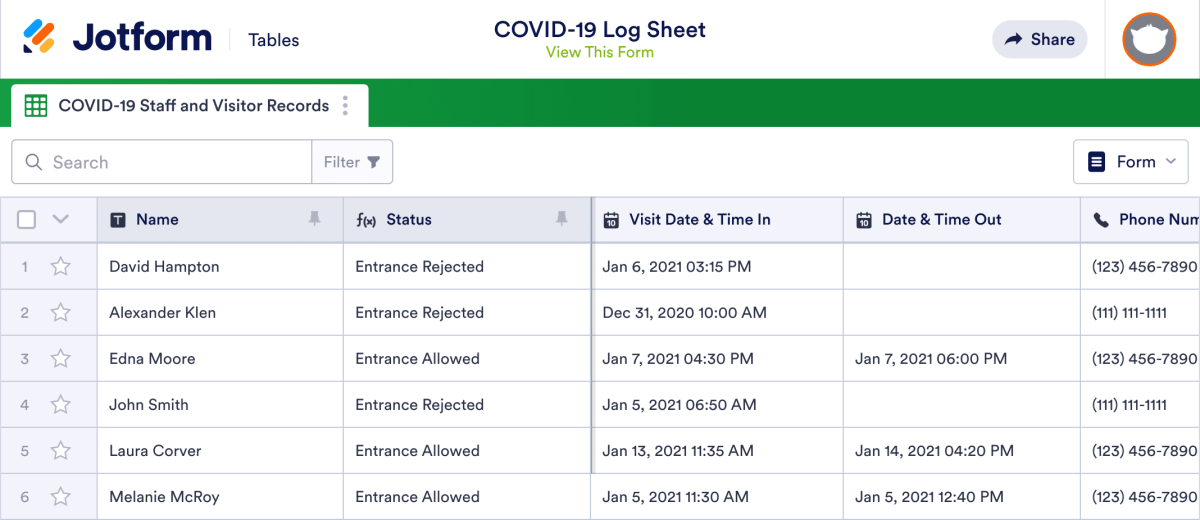 COVID-19 Log Sheet Template | Jotform Tables