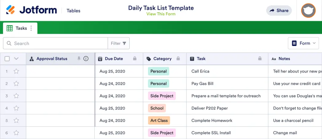Daily Task List Template | Jotform Tables