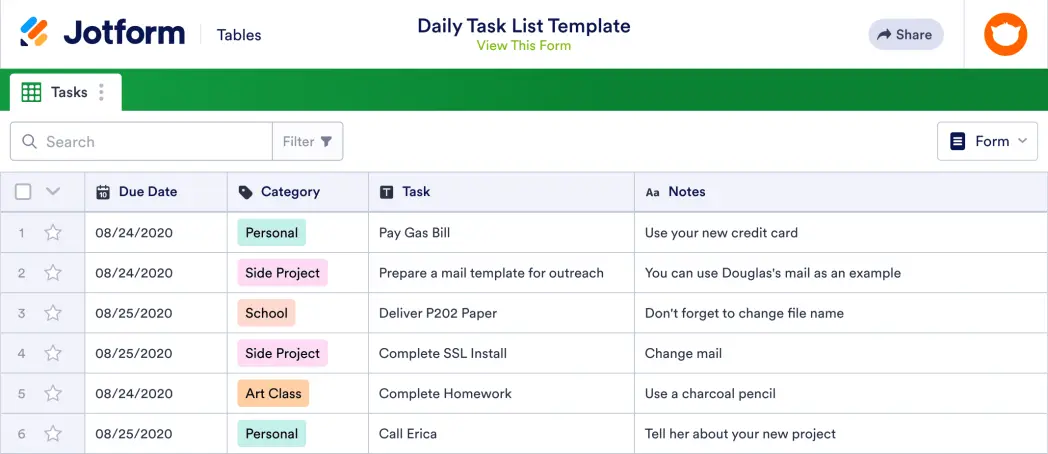 Daily Task List Template | Jotform Tables