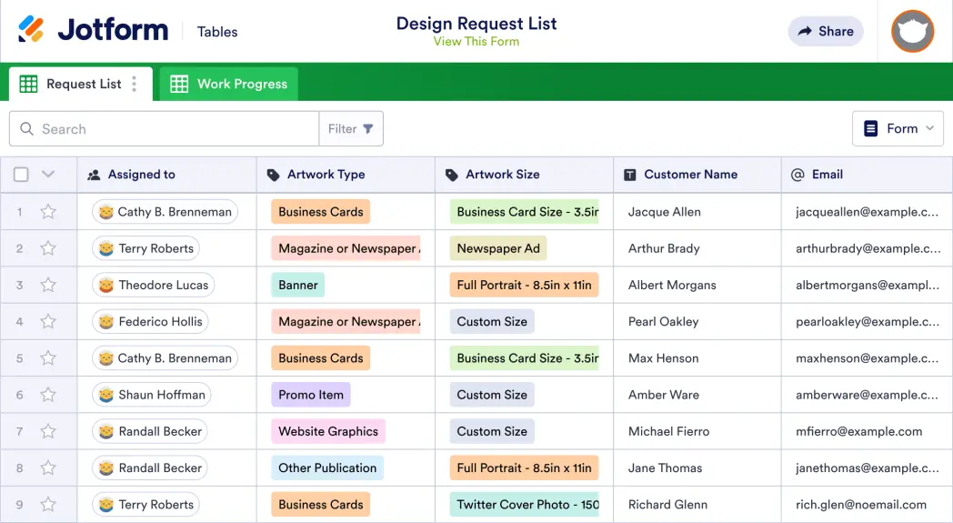 Design Request List Template | Jotform Tables
