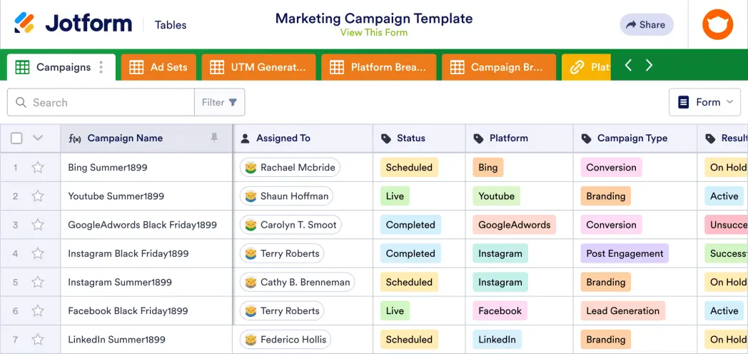 Digital Marketing Campaign Template | Jotform Tables