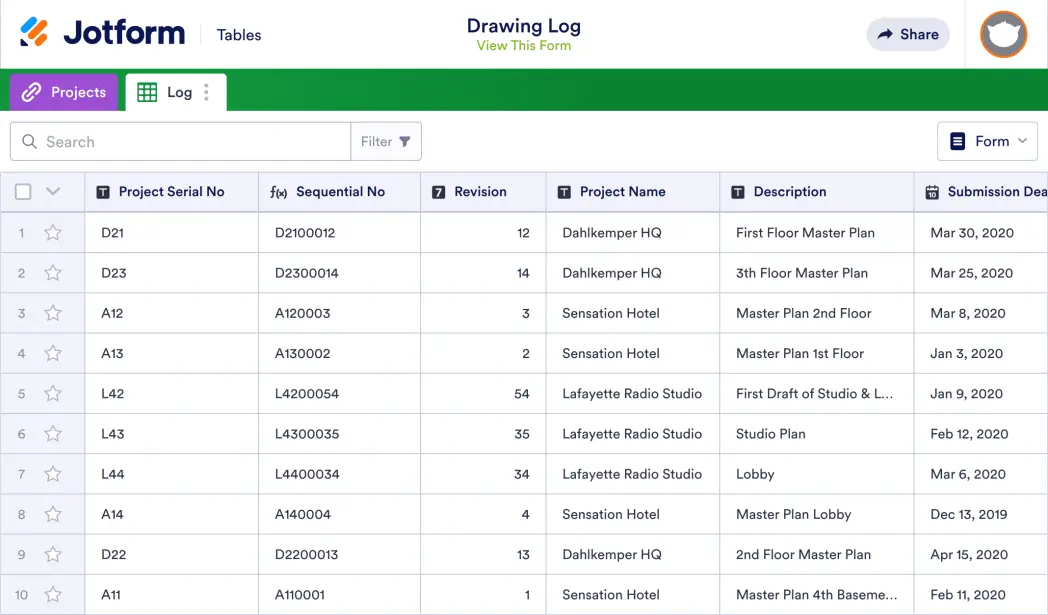 Drawing Log Template | Jotform Tables