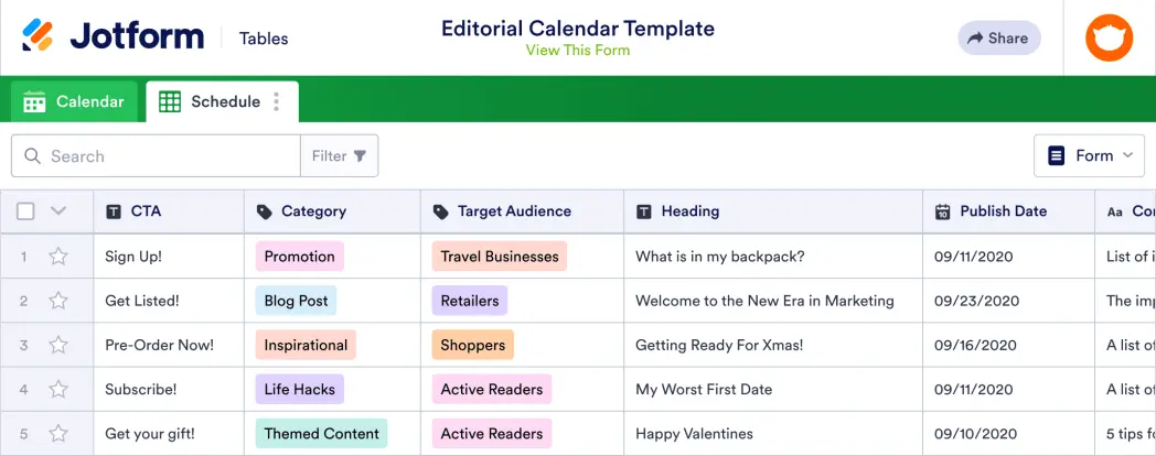 Editorial Calendar Template | Jotform Tables