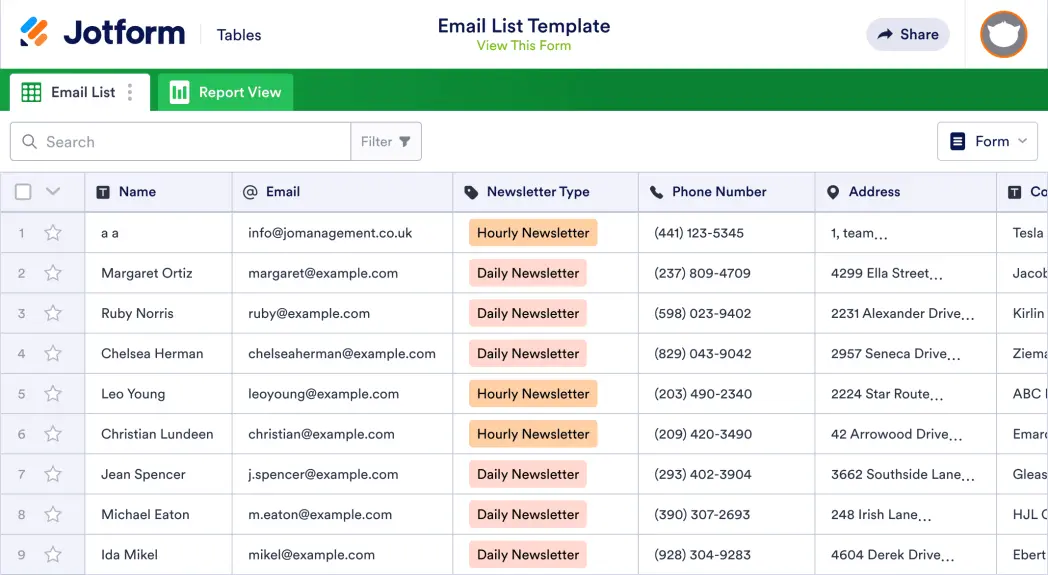 Email List Template | Jotform Tables