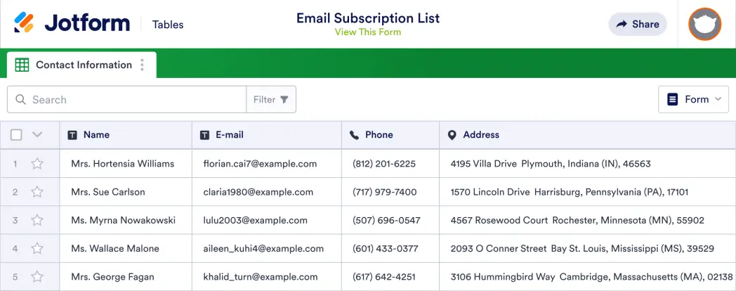 Email Subscription List Template | Jotform Tables