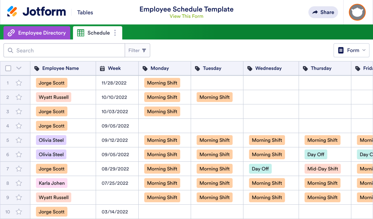 Employee Schedule Template | Jotform Tables Employee Schedule Template | Jotform Tables