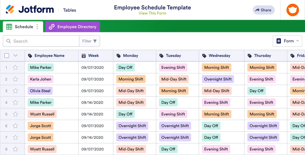 Employee Schedule Template | Jotform Tables