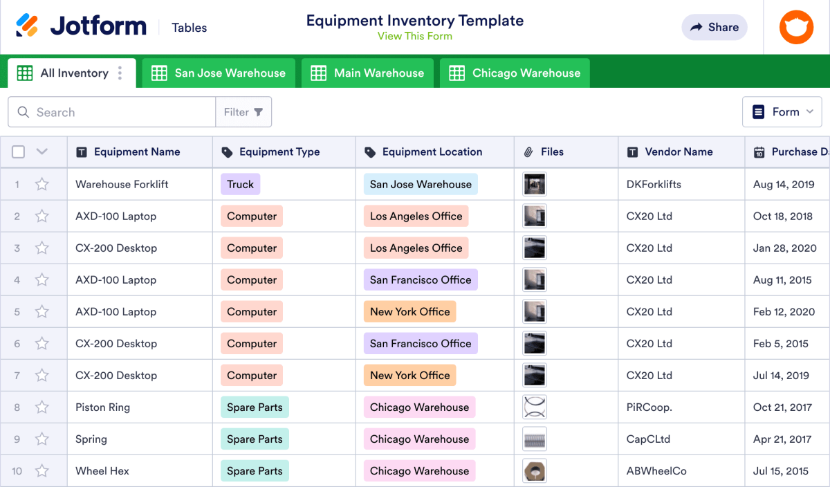 Equipment Inventory Template | Jotform Tables