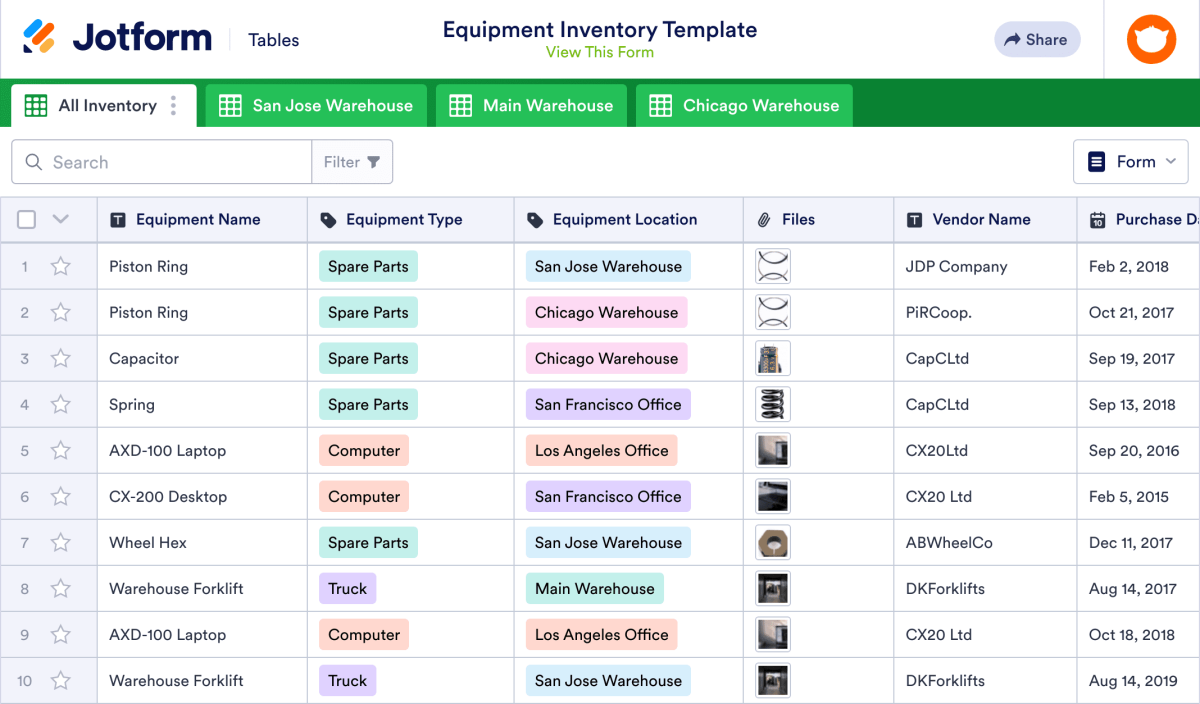 Equipment Inventory Template | Jotform Tables