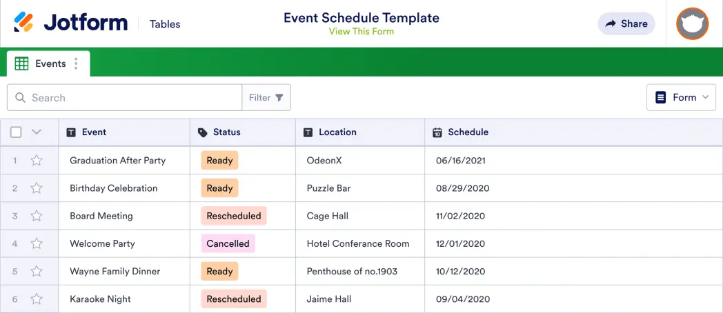 Event Schedule Template | Jotform Tables
