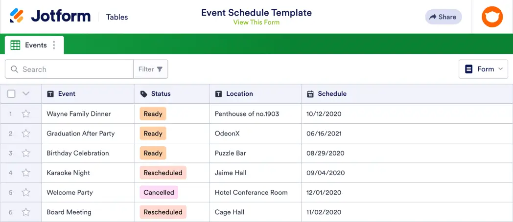 Event Schedule Template | Jotform Tables