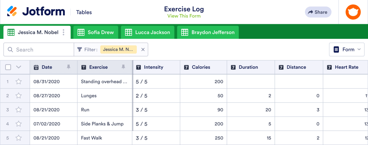 Exercise Log Template | Jotform Tables