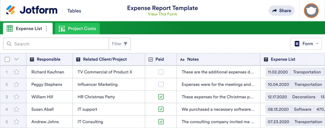 Expense Report Template | Jotform Tables