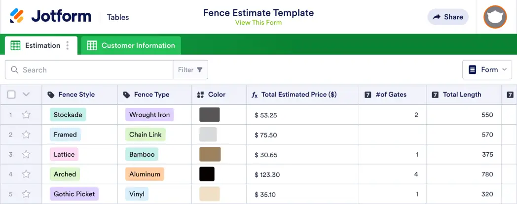 Fence Estimate Template | Jotform Tables